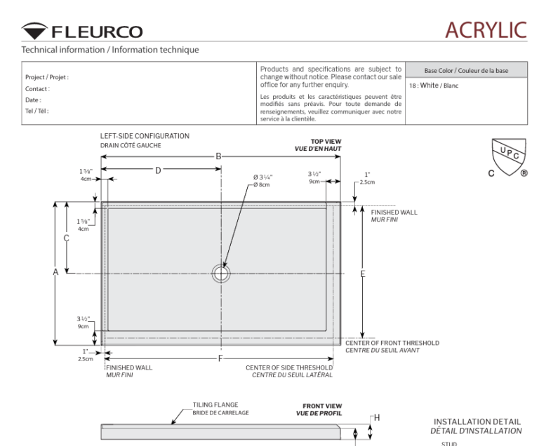 FLEURCO 48" X 36" ALT Base CÔTÉ GAUCHE avec drain au centre et 2 brides ...